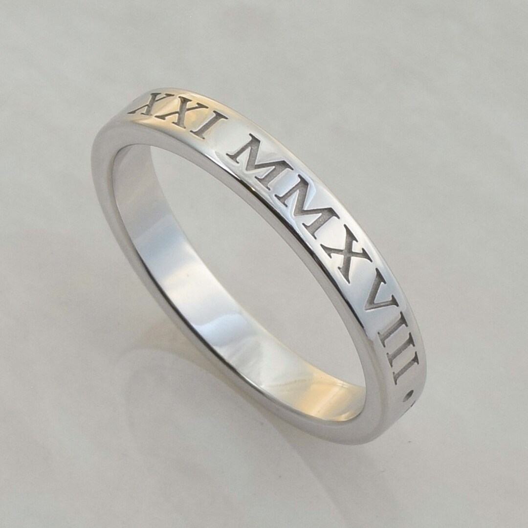 Personalized Roman Numeral Ring, 3mm Wide, 14K or 10K White, Rose or ...