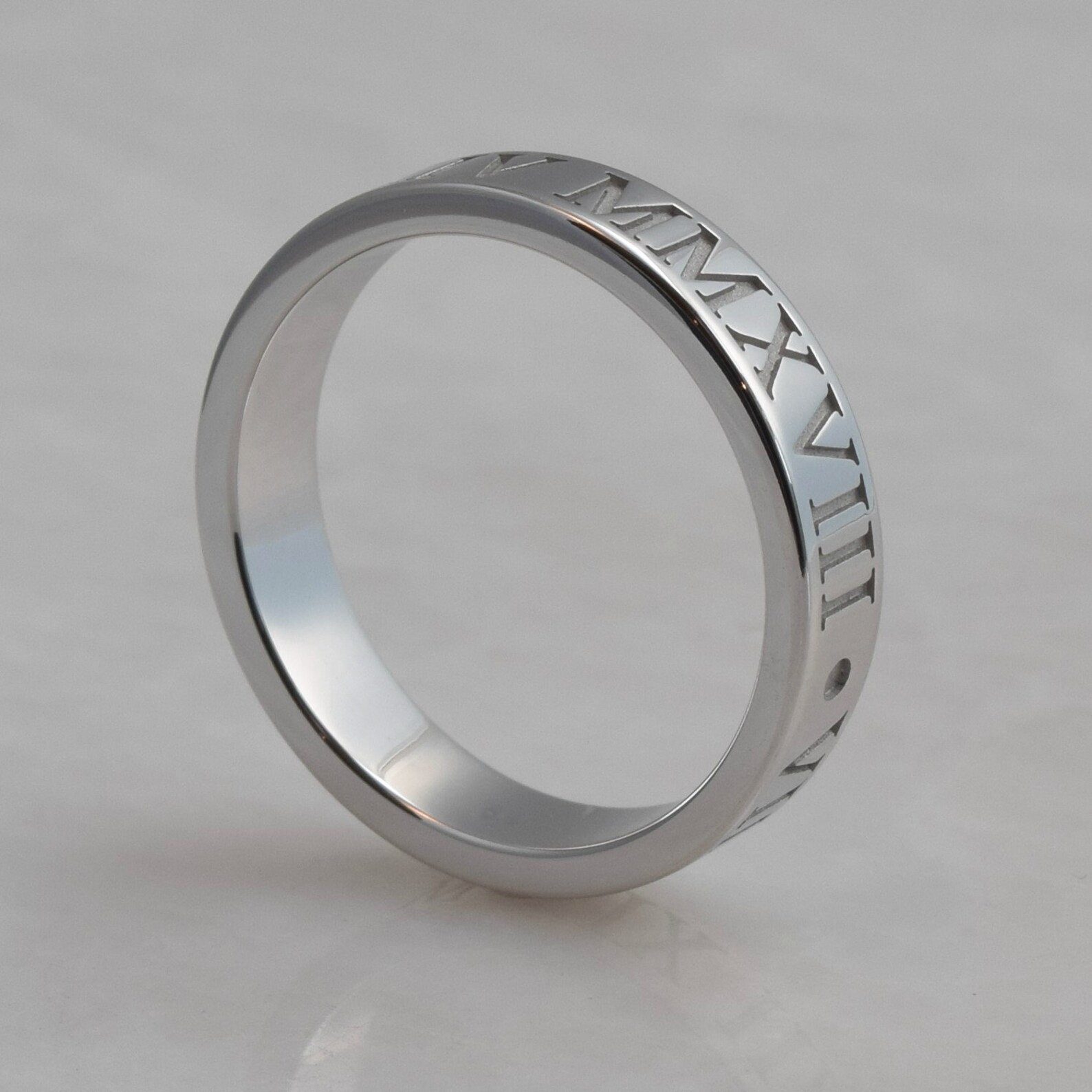 Personalized Roman Numeral Ring , 4mm Wide, Rhodium Plated Sterling ...