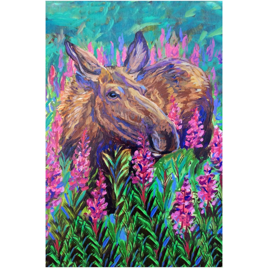 Alaska Art Print Moose and Fireweed Beauties Alaska Wall Art by Amanda ...