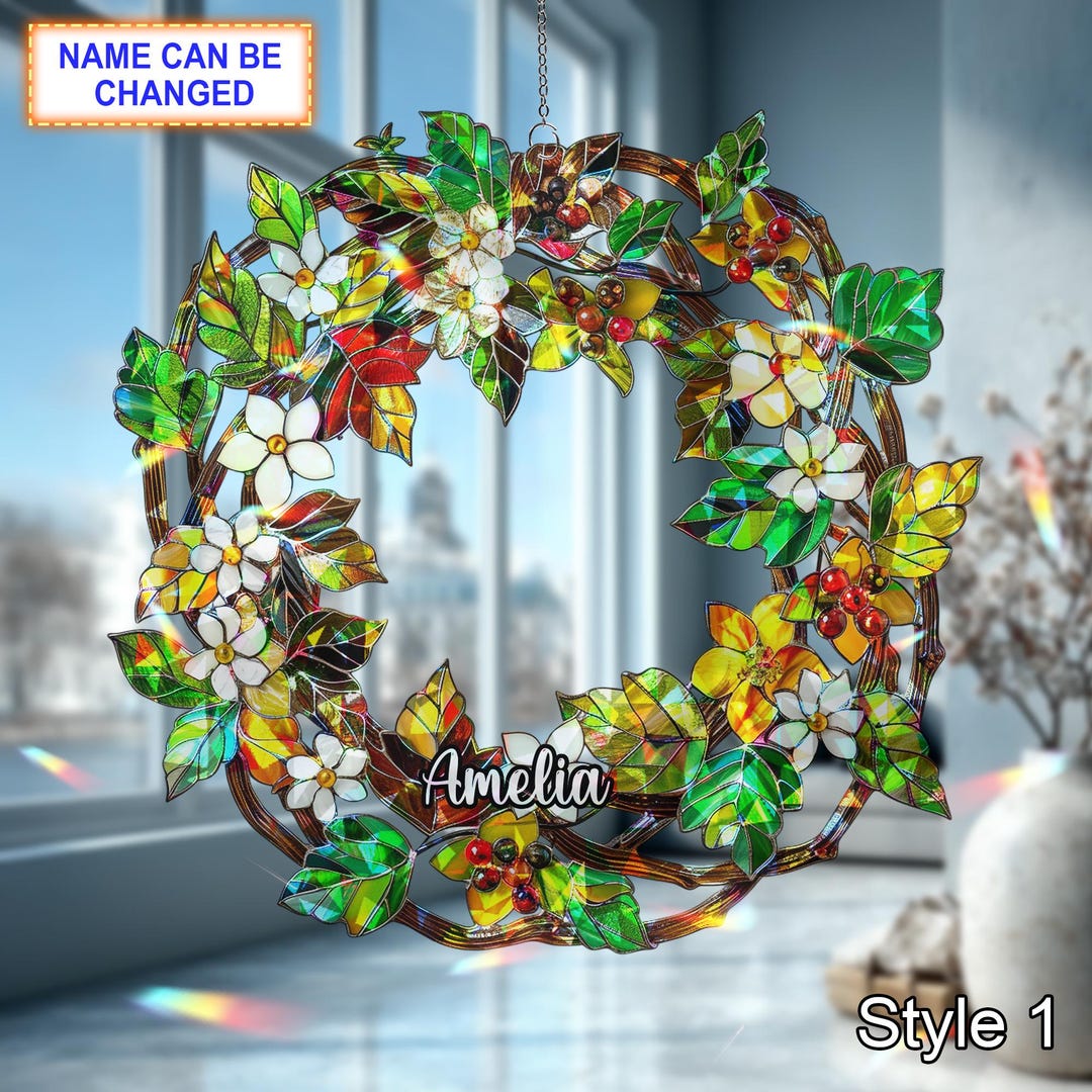 Personalized Acrylic Wreath Window Hanging – Custom Leaf and Berry Vine ...