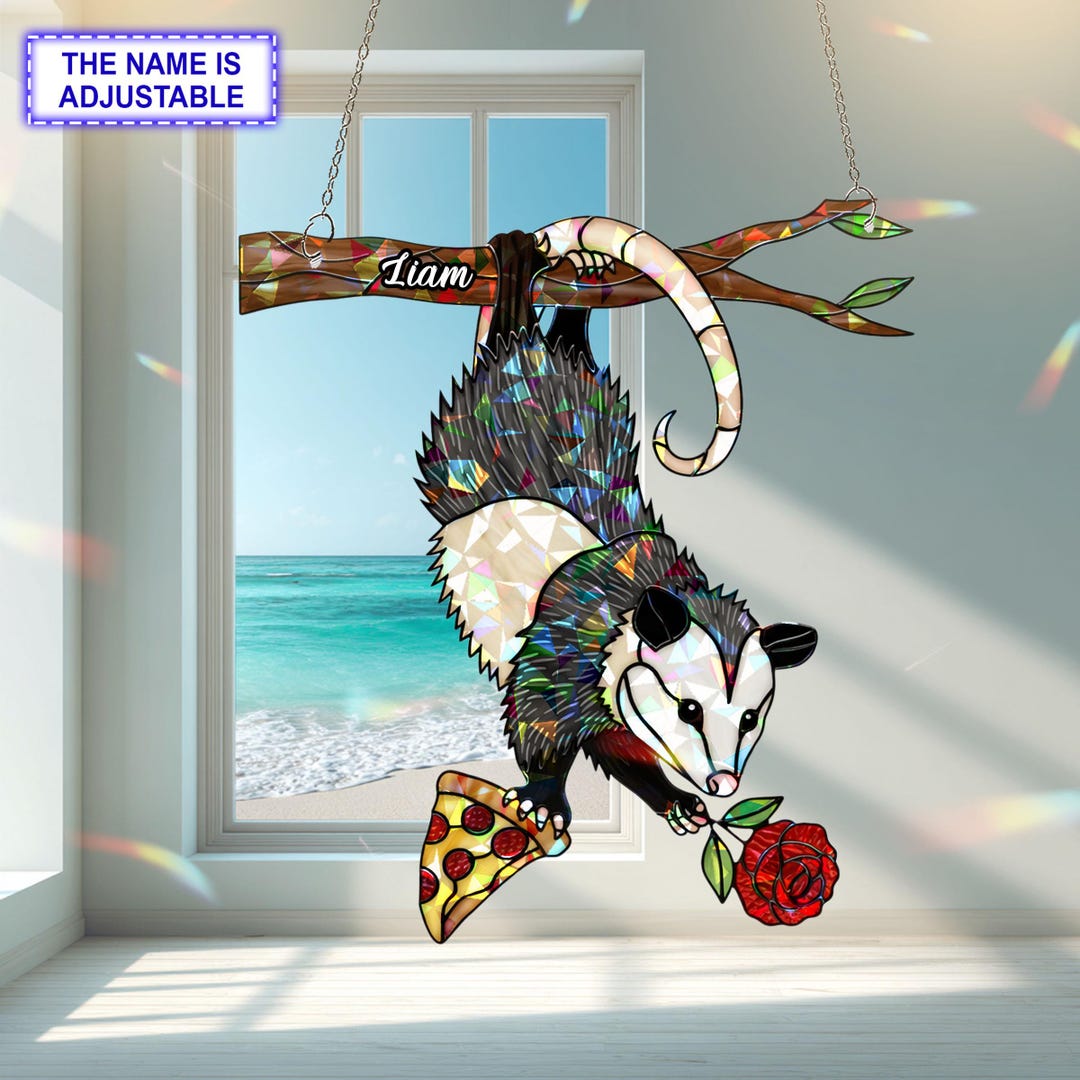 Personalized Upside Down Possum Hologram Acrylic Suncatcher With Flower ...