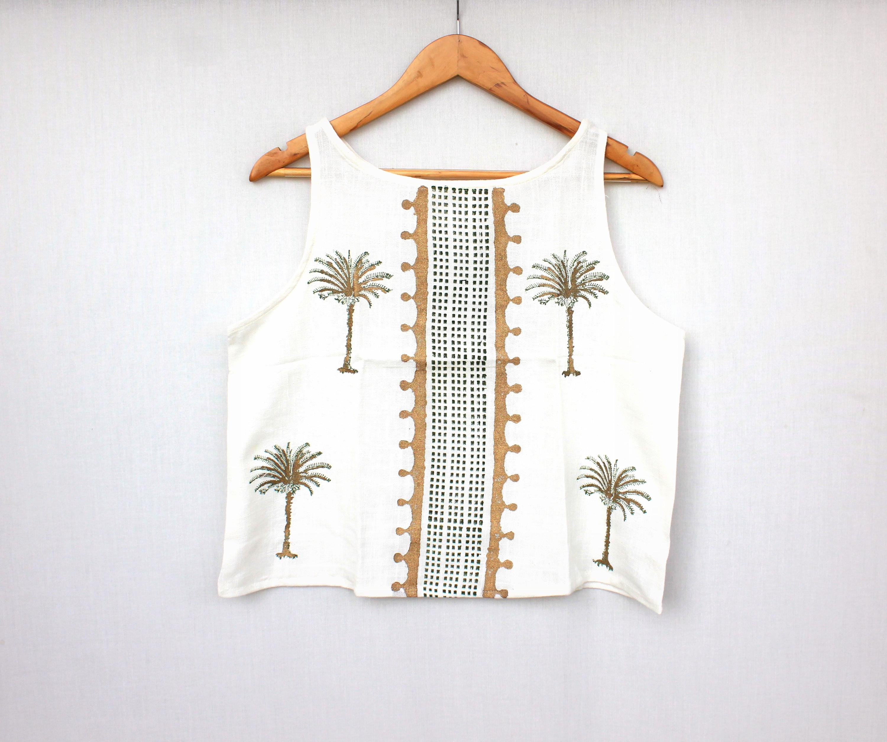 Boho Hand Block Print Palm Tree Co-ord Set – Cotton Sleeveless Crop Top ...
