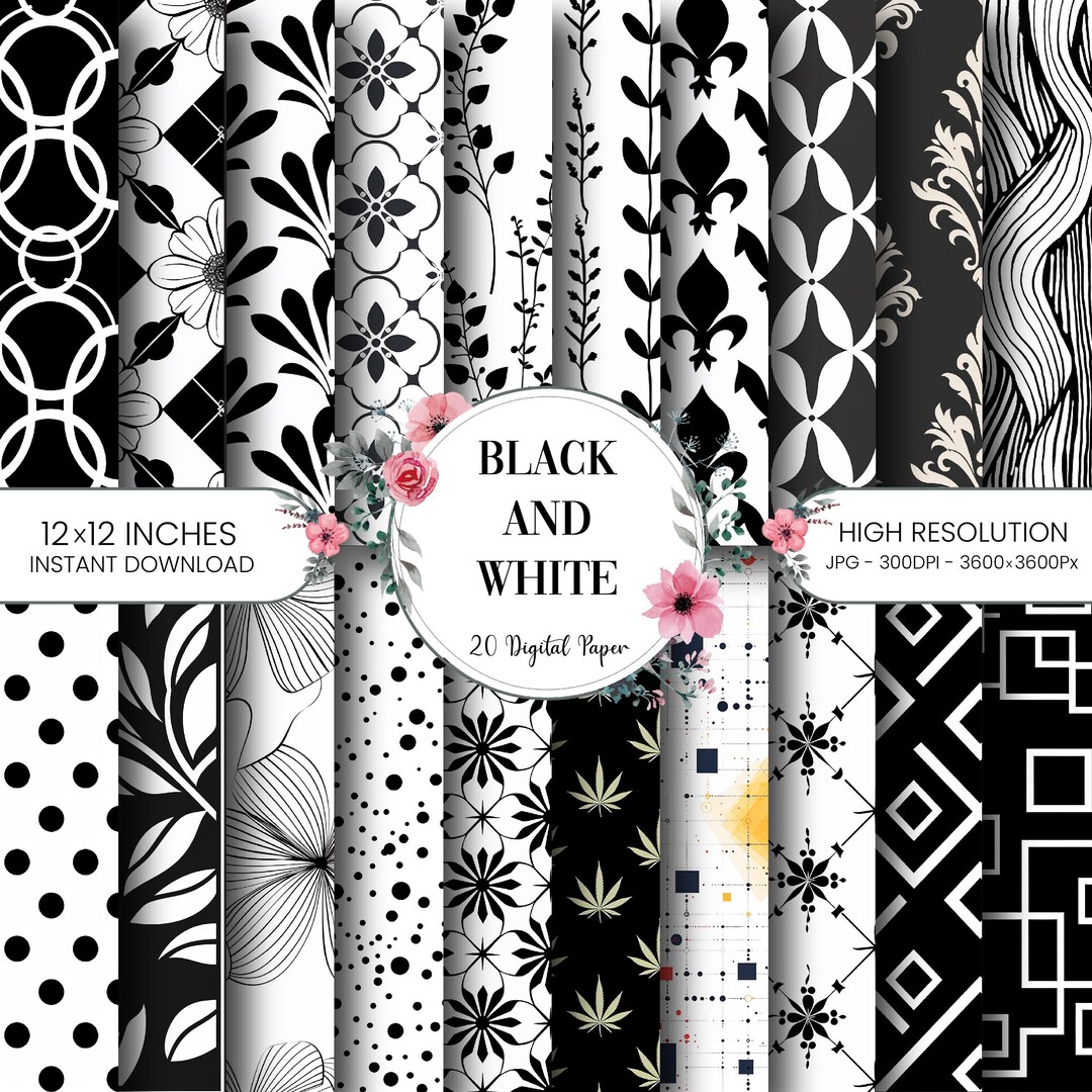 Black & White Digital Paper Pack, Floral Geometric Patterns (instant ...