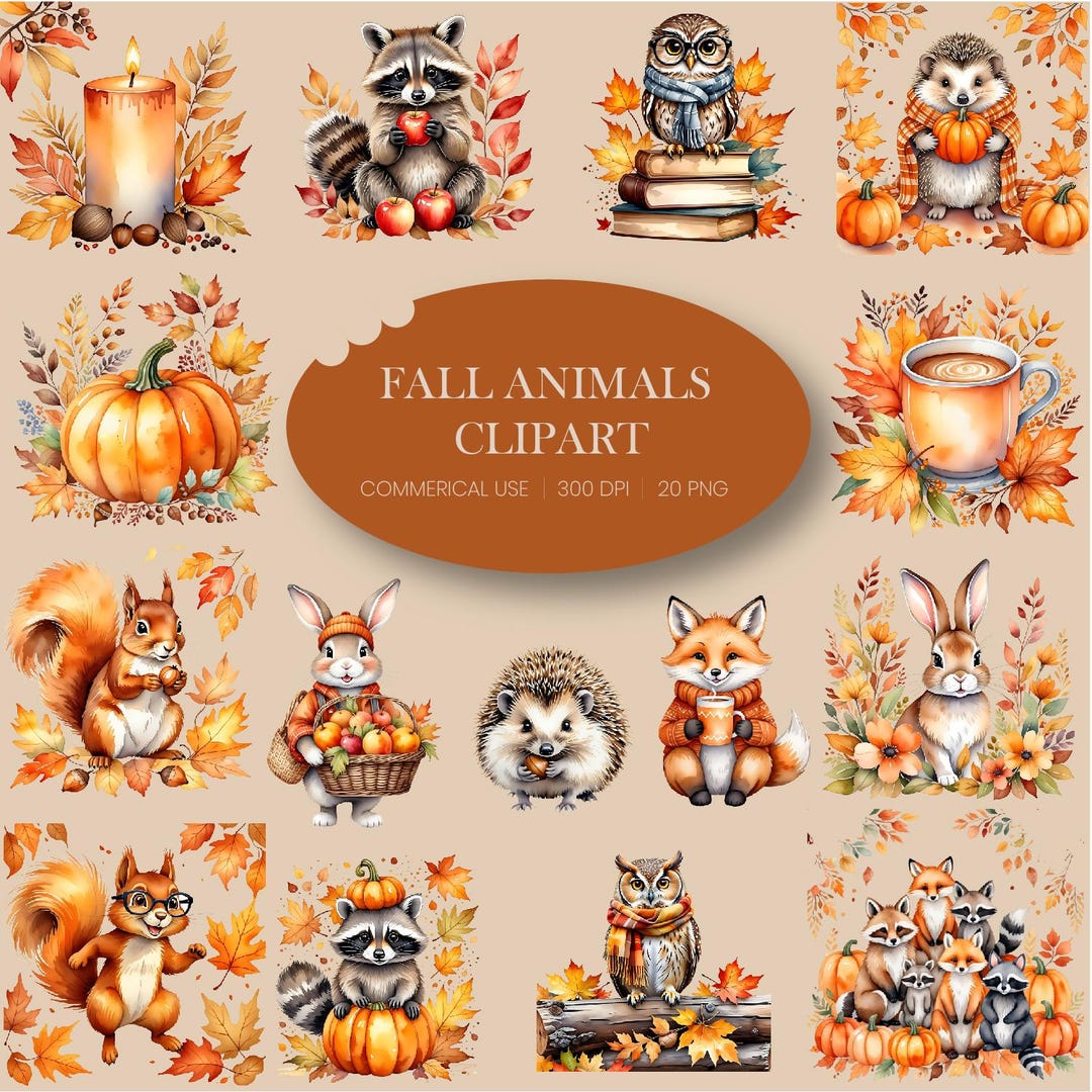 Autumn Animals Clipart: Watercolor Woodland PNG Images Cozy Pumpkin ...