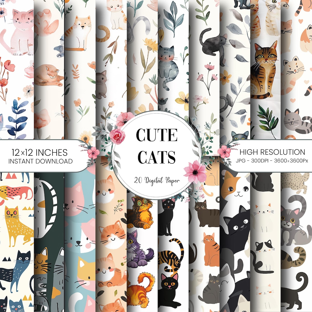 Cute Cat Digital Paper, Kitty Scrapbook Papers, 12x12 Watercolor Cat ...