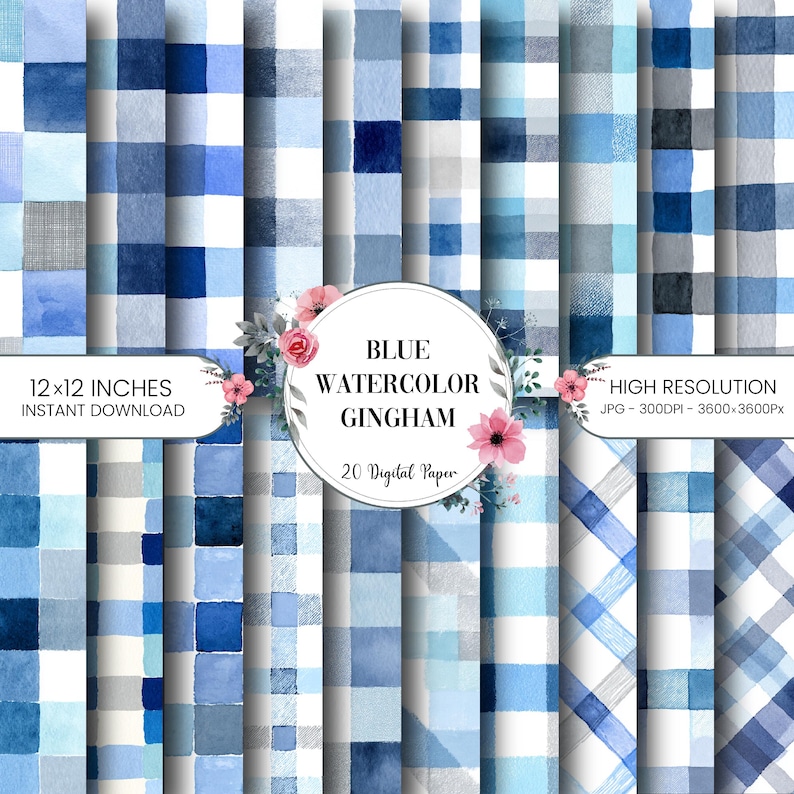 Blue Watercolor Gingham Digital Paper, Plaid Scrapbook Backgrounds ...