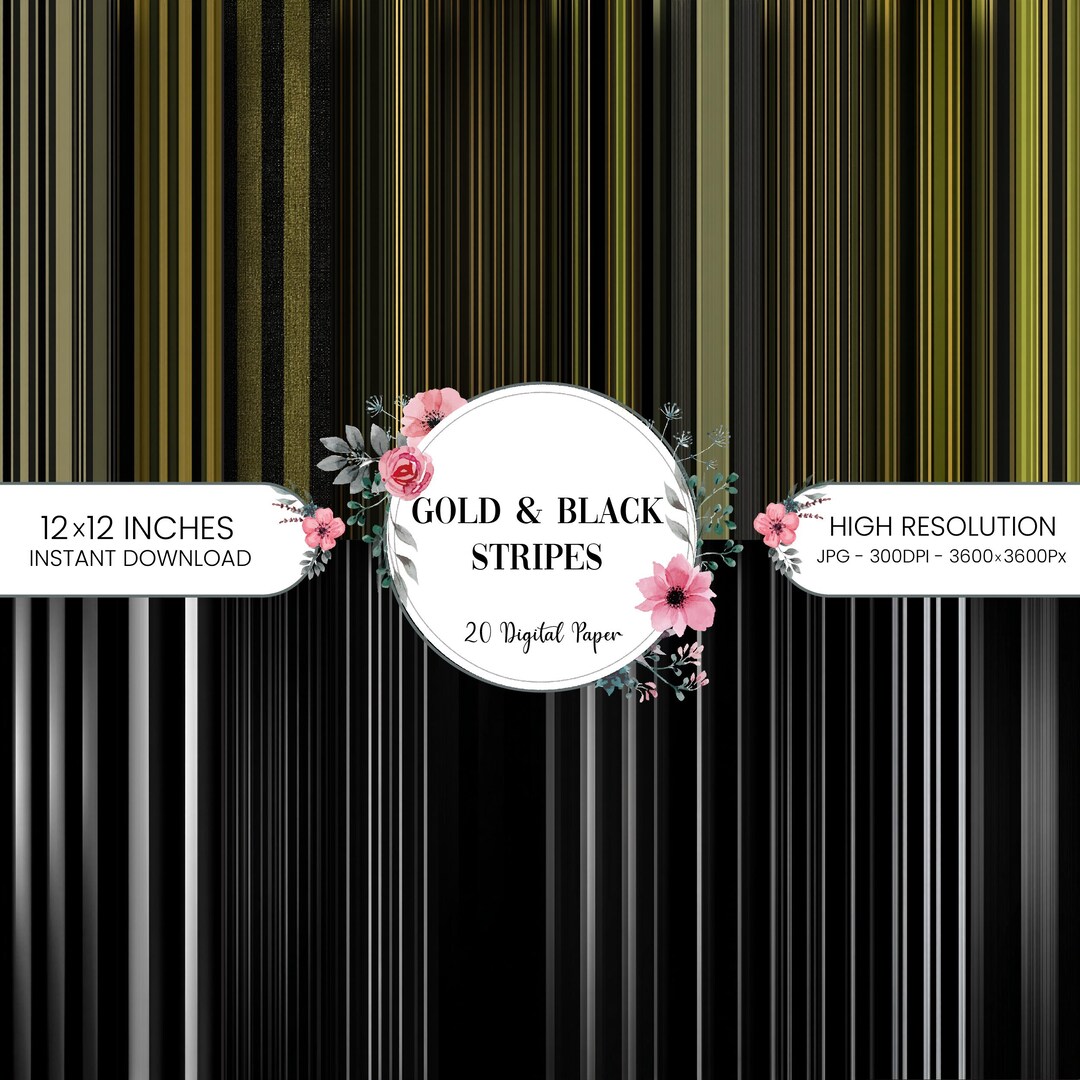 Gold & Black Stripe Digital Paper Pack, Glam Scrapbook Backgrounds ...