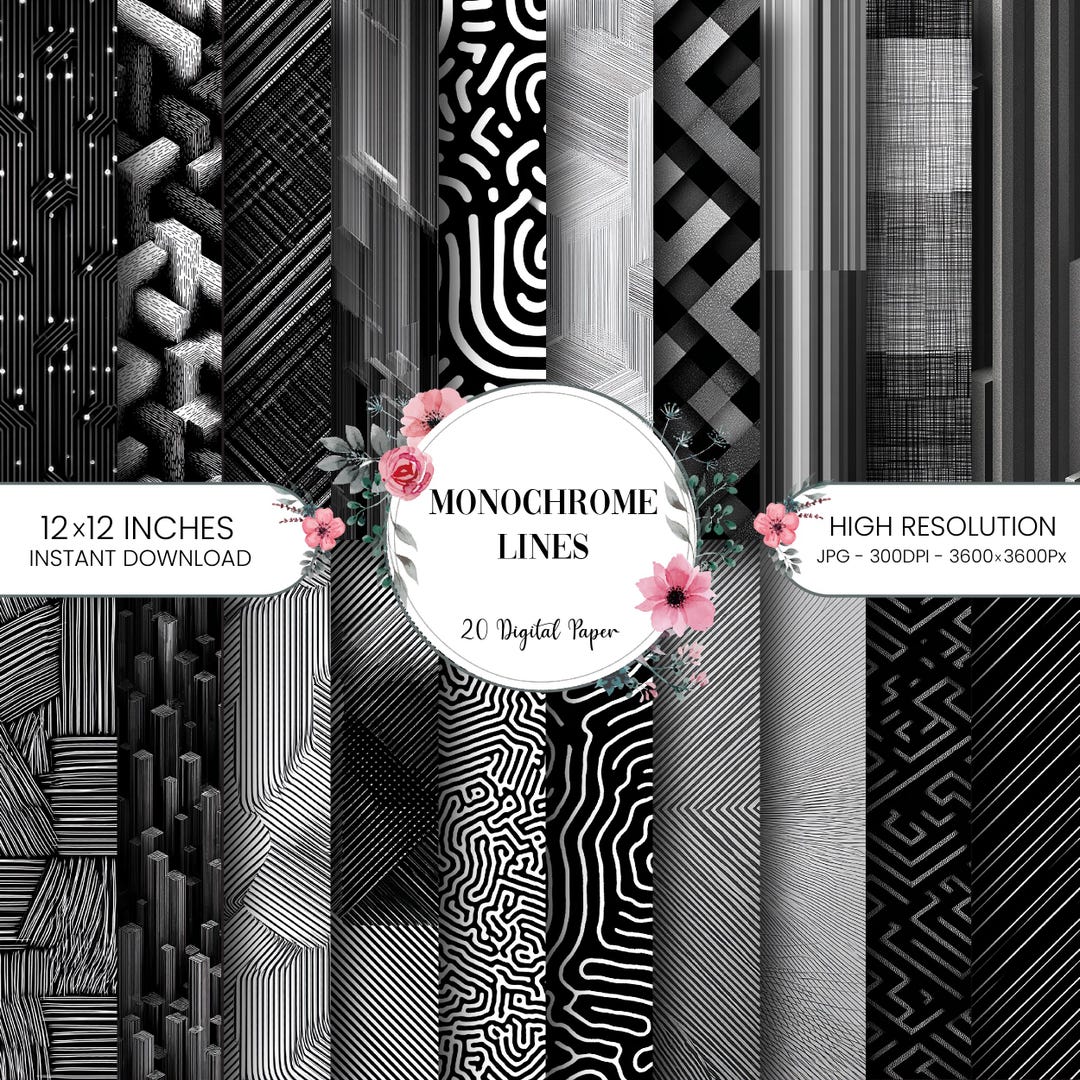 Monochrome Lines Digital Paper Pack, Abstract Geometric Patterns (12x12 ...