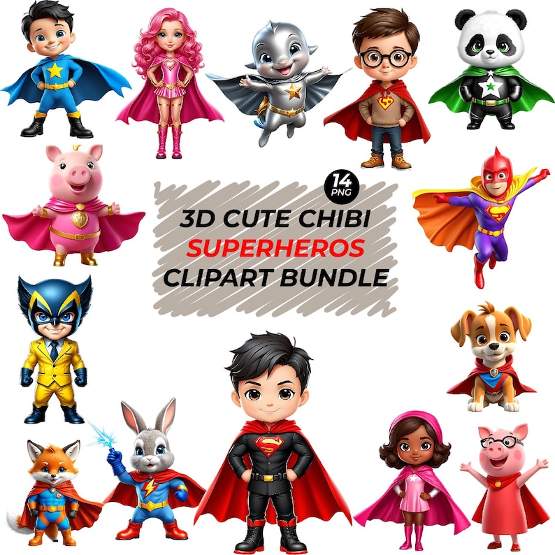 3D Chibi Superhero Clipart Bundle: Adorable Kids Hero PNG Stickers ...