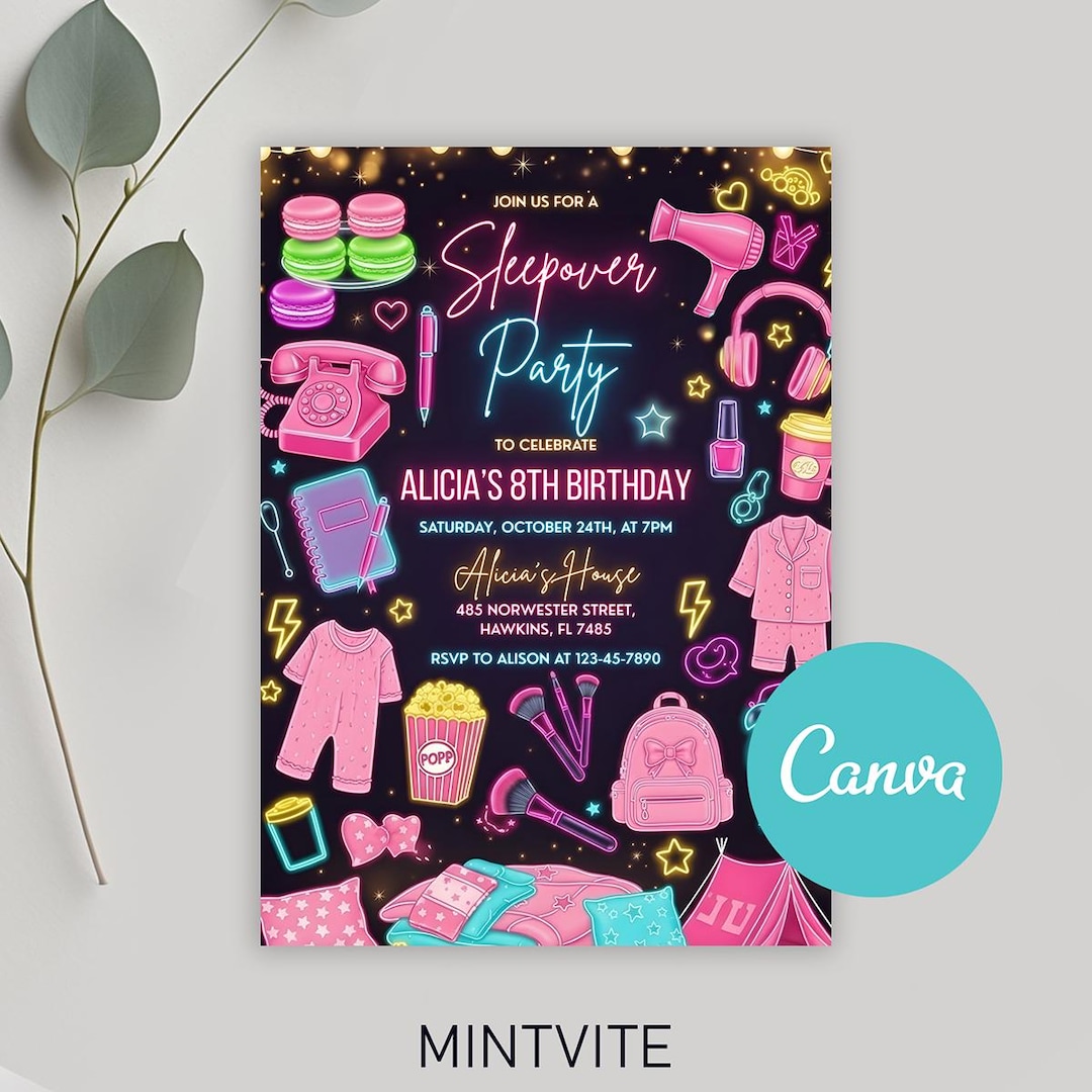 Sleep Over Movie Night Invitations, Sleep Over Neon, Sleep Over ...