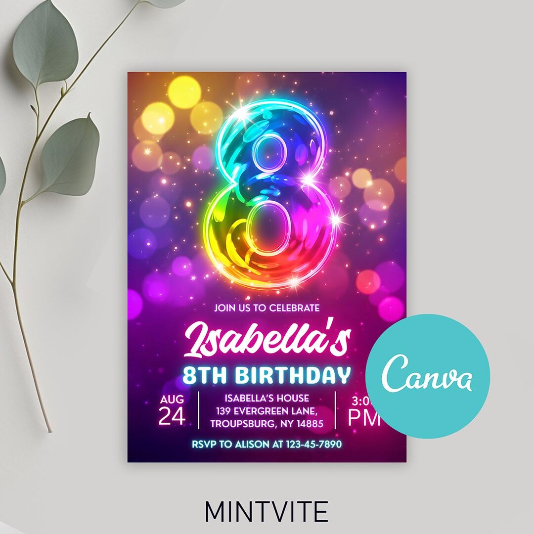 Editable 8th Birthday Party Invitation Girl, 8th Birthday Invitation ...