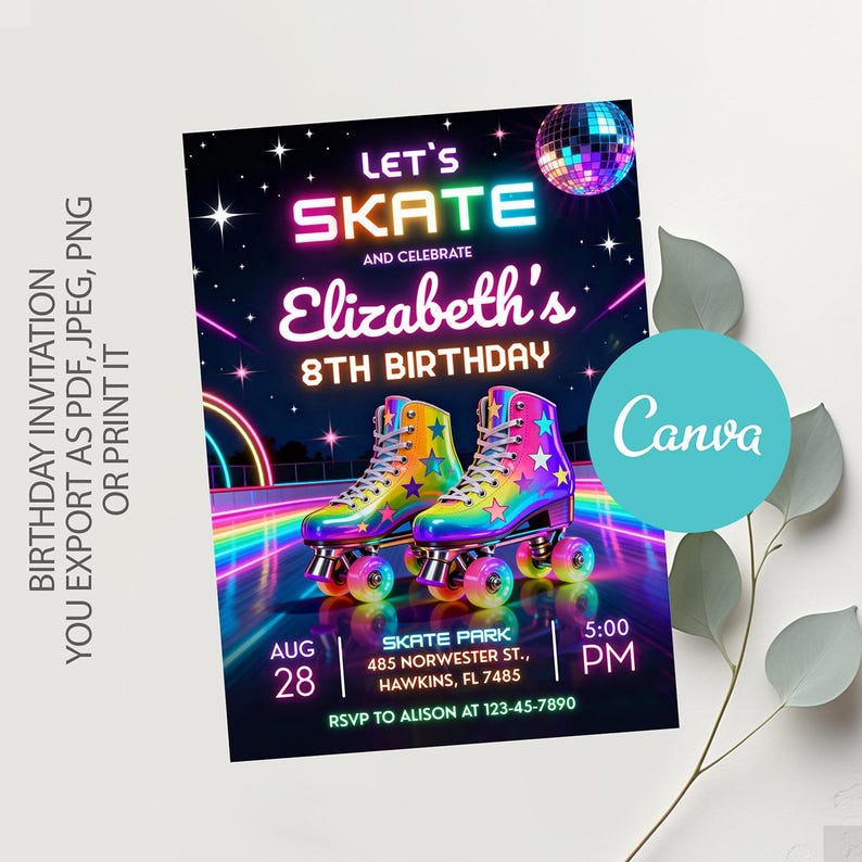 Retro Roller Skate Birthday Invitation, Neon Glow Skating Party ...