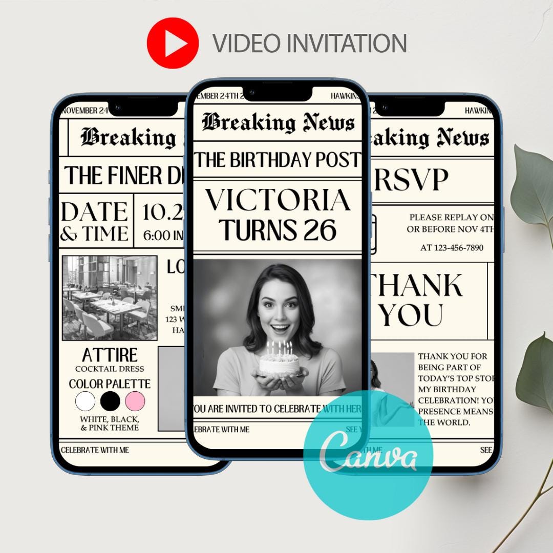 Retro Newspaper Mobile Birthday Invitation, Animated Digital Party ...