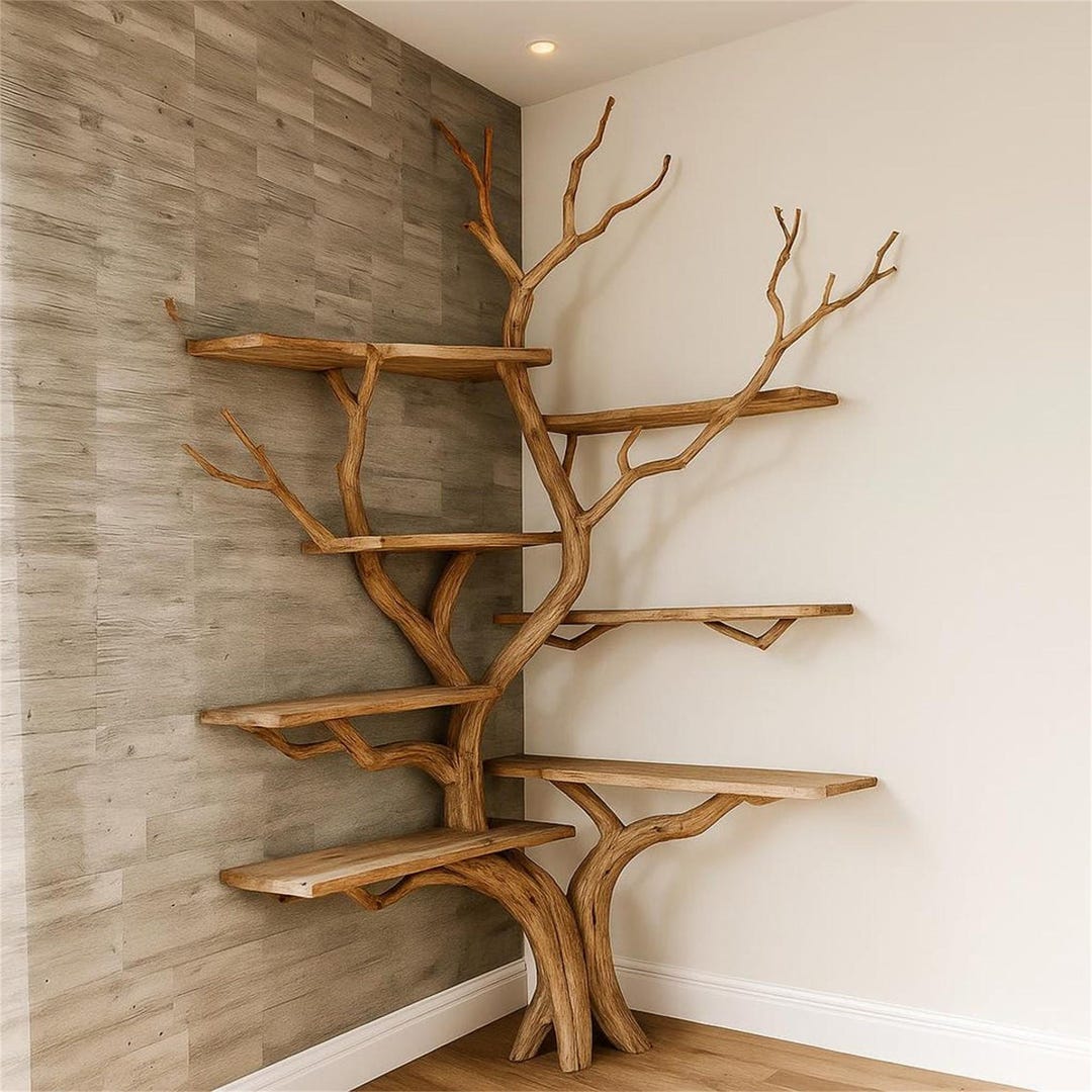 Rustic Corner Tree Shelf • Handcrafted Solid Wood Wall Storage for ...