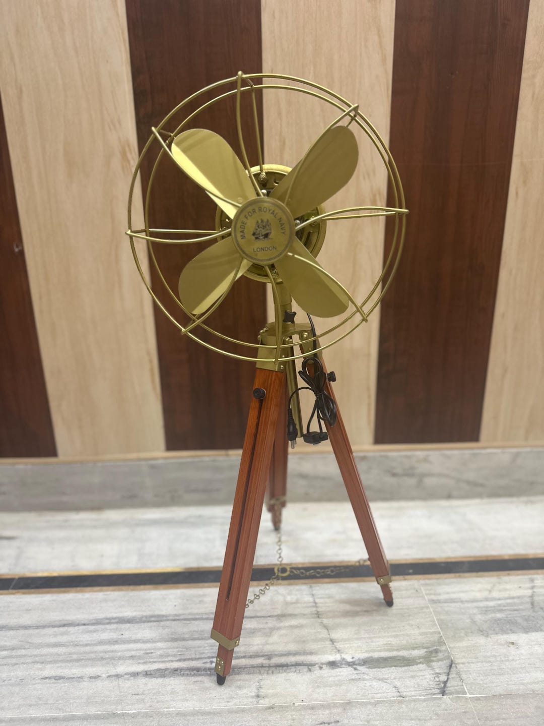 Vintage Style Electric Pedestal Floor Fan With Brass Finish, Wooden ...