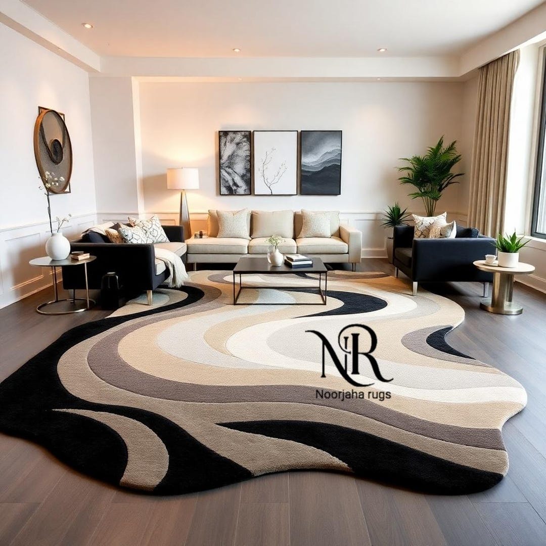 Handmade Tafted Masterpiece by Unique Abstract Design in Black Beige ...