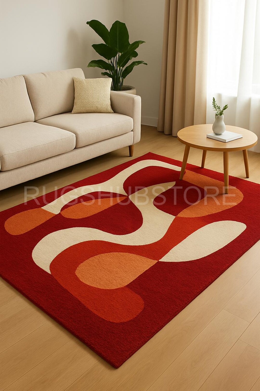 Handmade Red Tufted Rug: Mid Century Modern Abstract Wavy Carpet Near ...