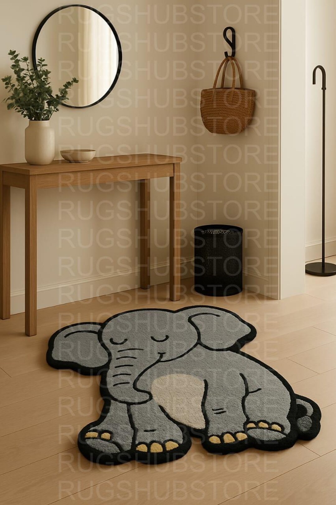 Elephant Nursery Rug – Cute Animal Kids Room Mat, Plush Playroom Carpet ...