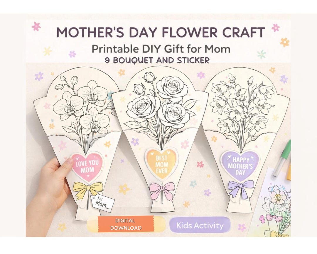 DIY Mother's Day Flower Craft Printable | Colorful Bouquet Template for ...