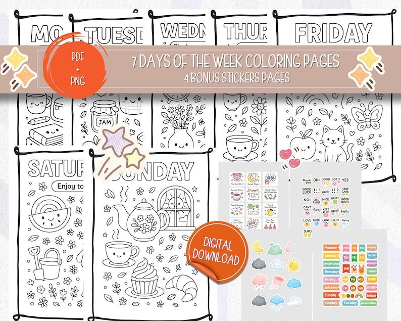 Kawaii Days of the Week Coloring Pages With Stickers (digital Download ...
