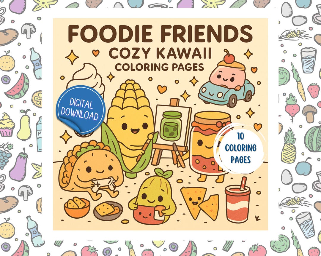 Kawaii Food Coloring Book: 10 Cozy Foodie Friends Pages (PDF/PNG ...