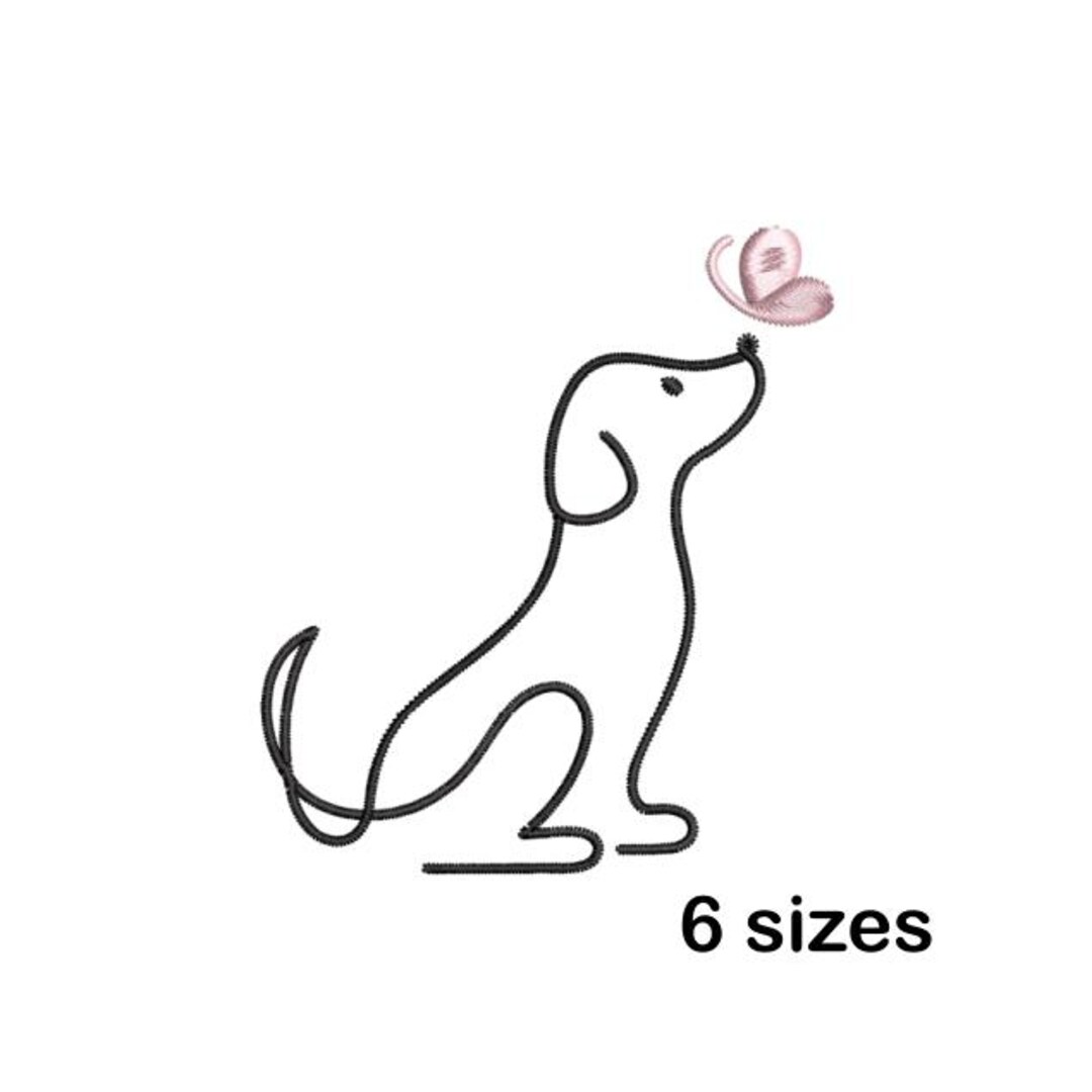 Dog and Butterfly Line Art Embroidery Design, Minimal Puppy Outline ...