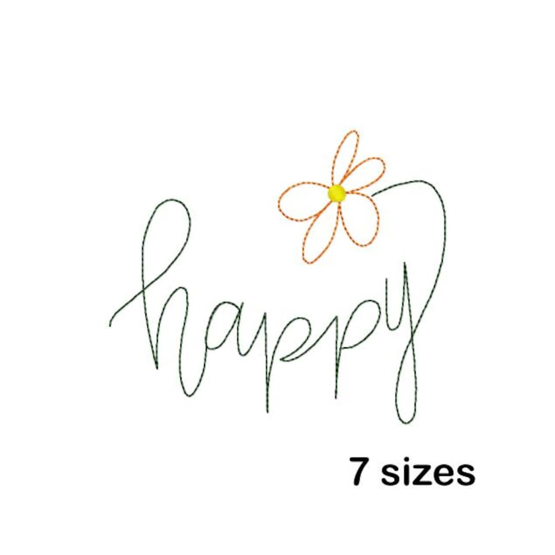Happy Flower Word Script Machine Embroidery Design, Minimal Single Line ...