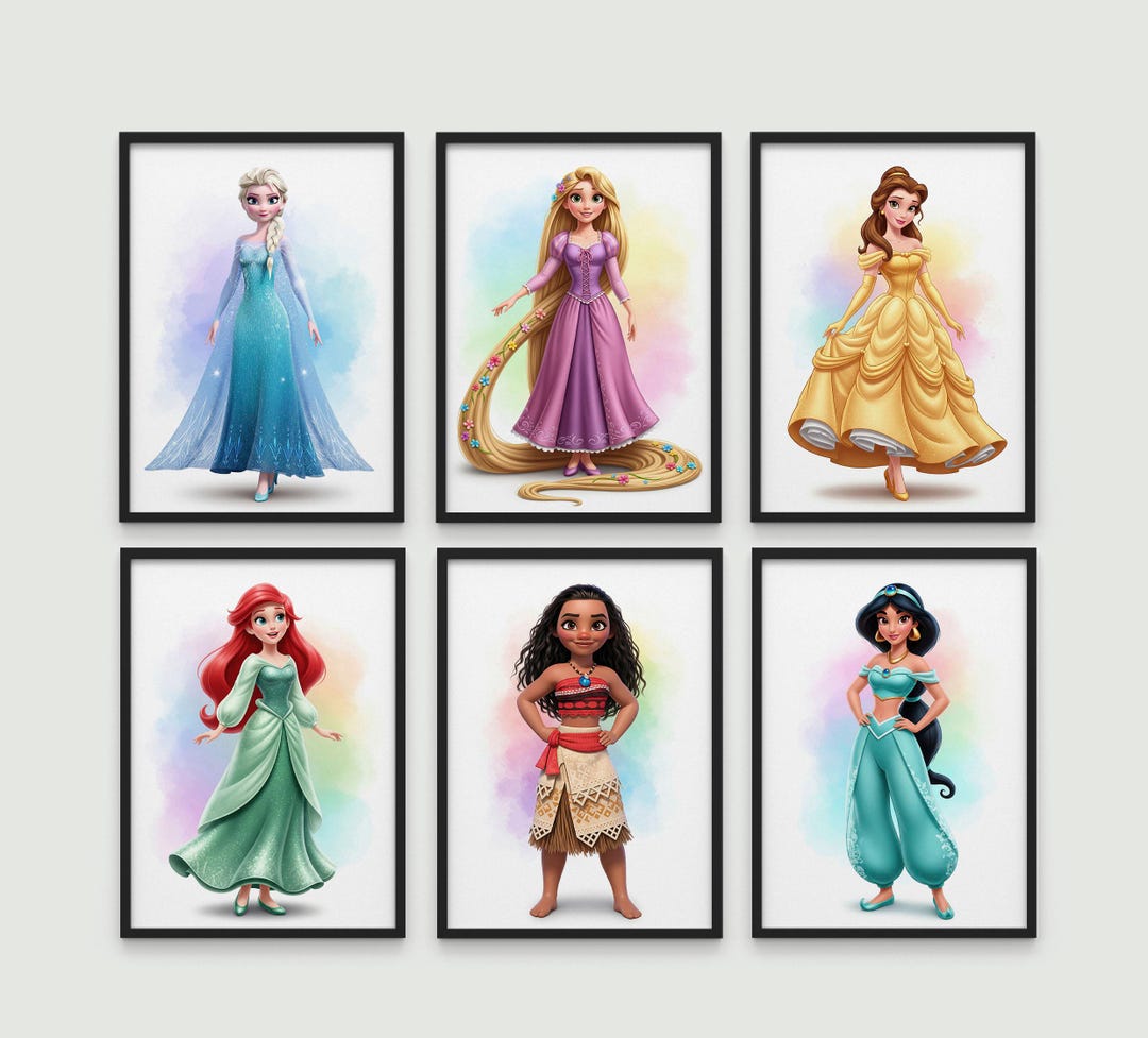 Disney Princess Wall Art Set of 6, Elsa, Rapunzel, Belle, Ariel, Moana ...