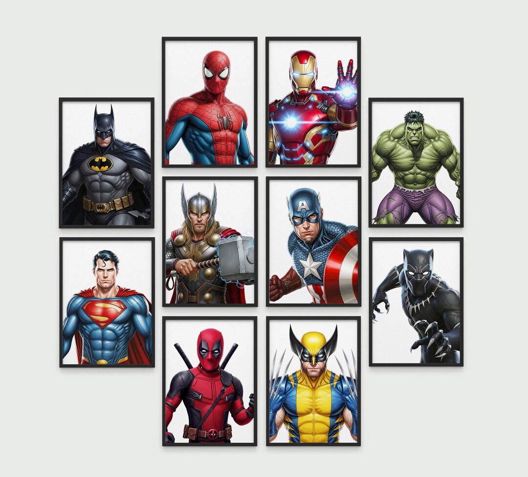 Superhero Wall Art Prints, Superhero Poster Set of 10, Superhero Arts ...