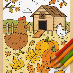 Chicken Coop Coloring Page: Farmhouse Scene With Pumpkins (digital ...