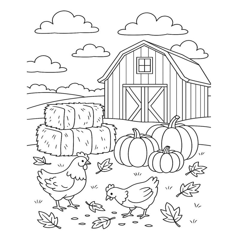 Fall Farmhouse Chicken Coloring Page: Rustic Autumn Printable (PDF ...