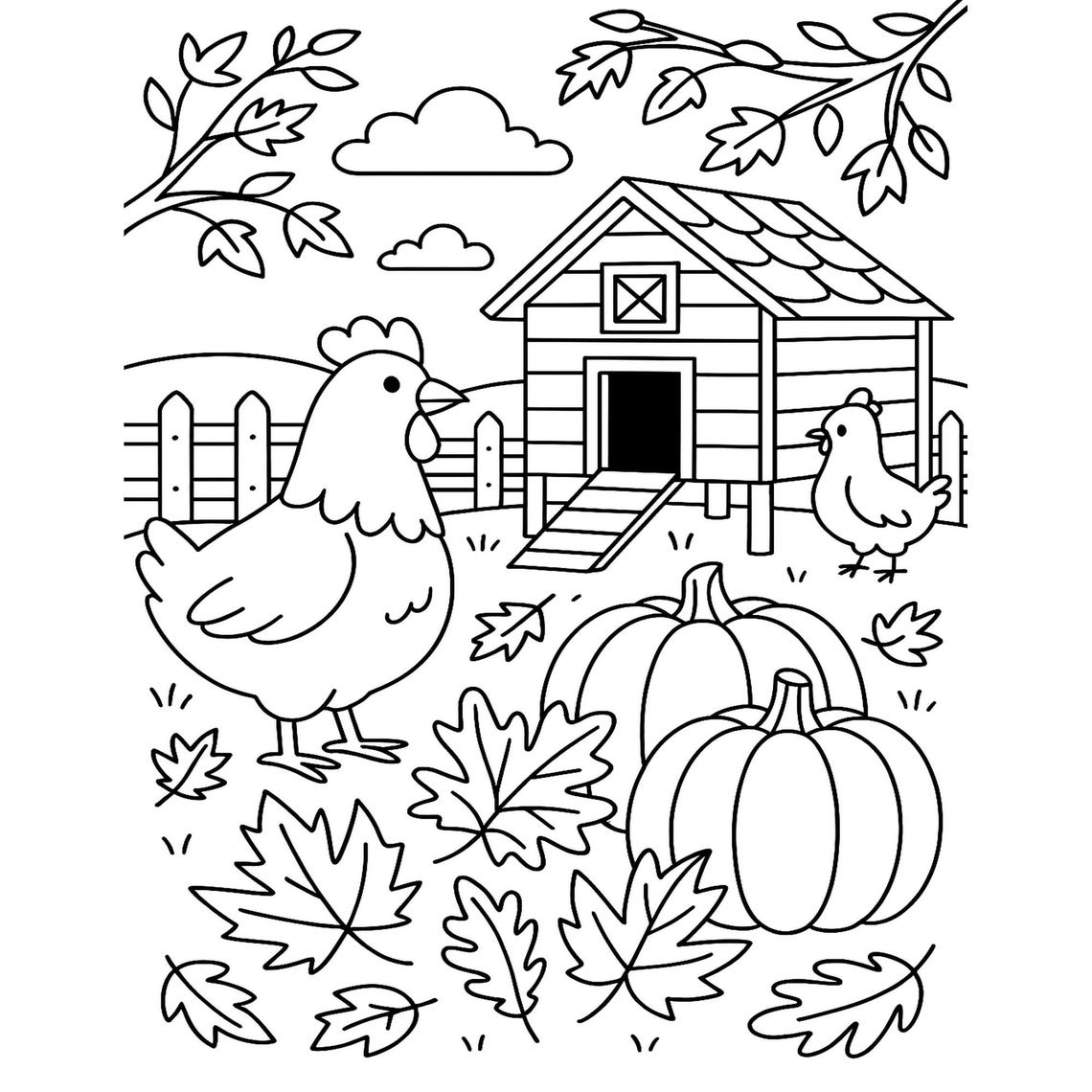 Chicken Coop Coloring Page: Farmhouse Scene With Pumpkins (digital ...