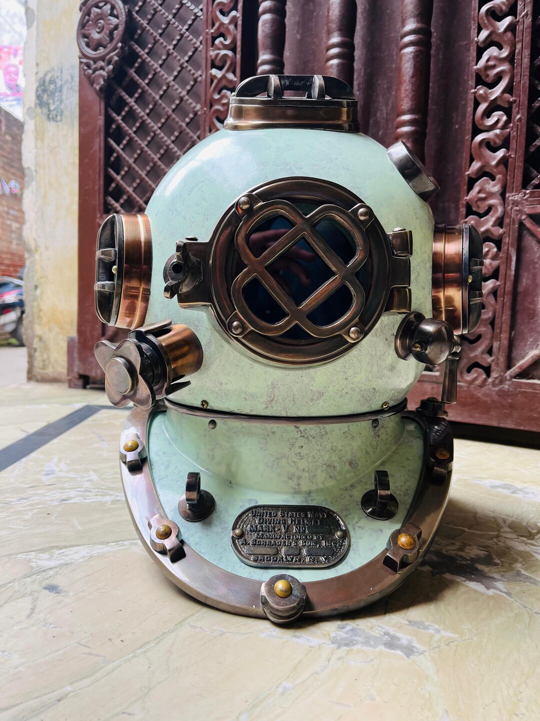 18'' Antique Green Patina U.S. Navy Mark V Diving Helmet – Vintage ...