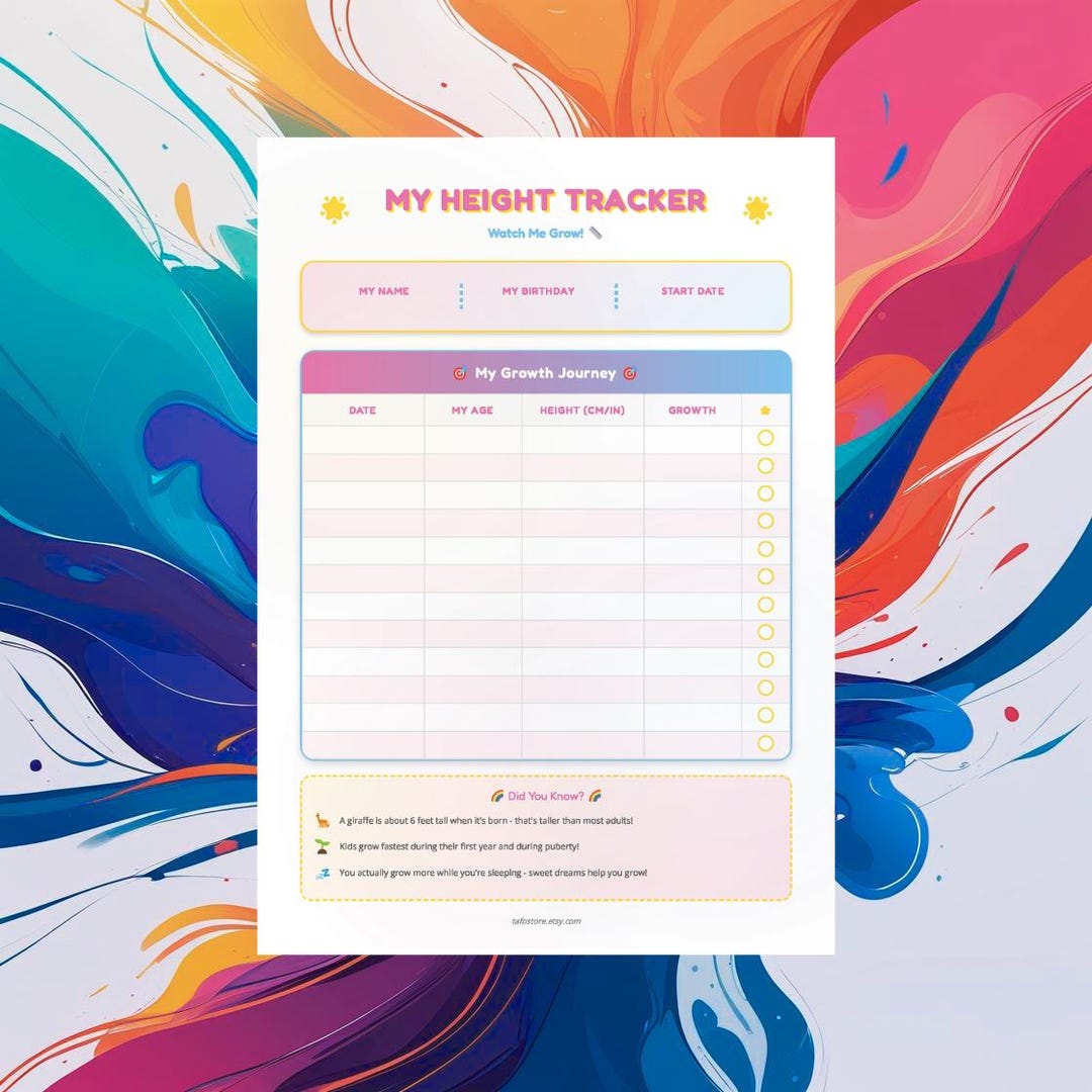 Printable Height Tracker, A4 and Letter Size Growth Chart PDF for Kids ...