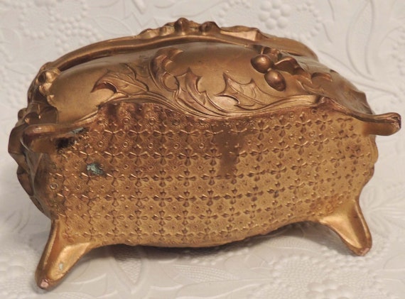 Gold Jewelry Casket with Holly, Antique Gold Metal Je… - Gem