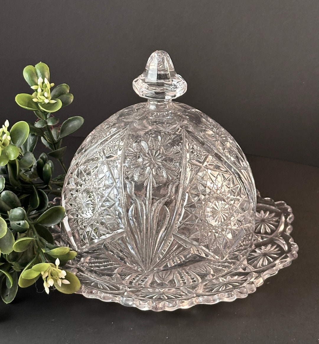 Antique Pressed Glass Covered Butter Dish, Floral Pressed Glass Butter ...