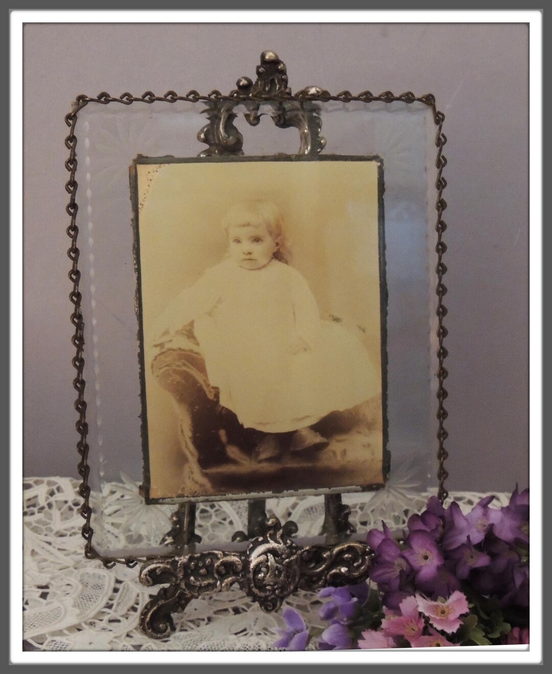 Antique Glass Frame With Child, Frame With Little Girl, Sepia Photo ...