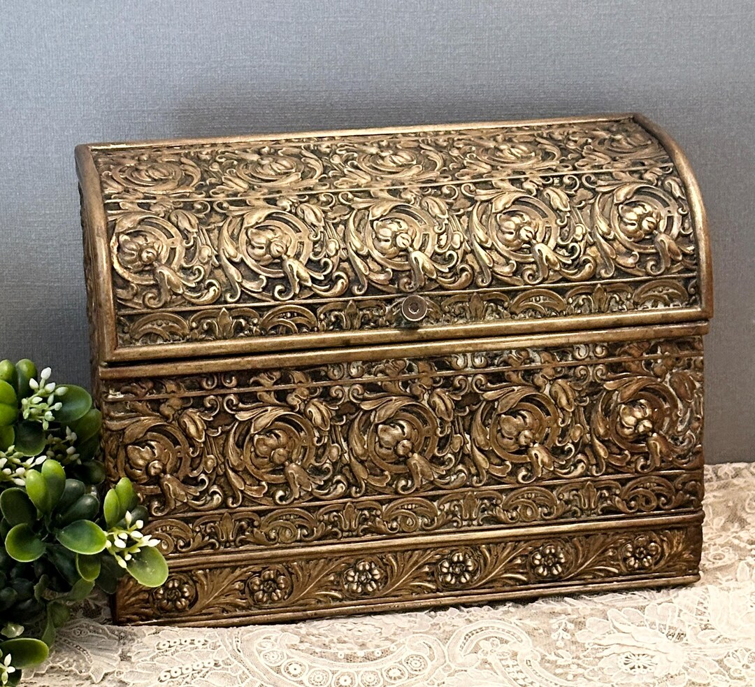Ornate Antique Brass File Box, Hammered Brass Metal Office Box, Desk ...