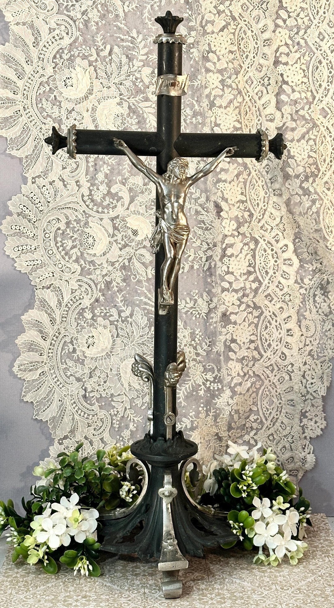 Tall Antique French Cross With Jesus, Vintage Metal Cross With Jesus ...