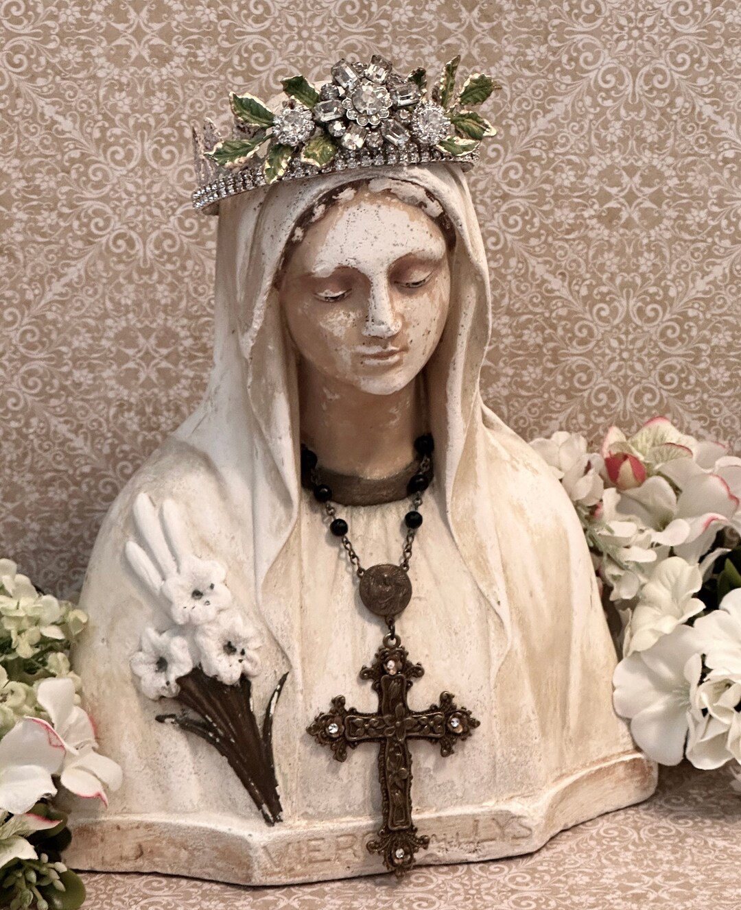 Antique French Virgin Mary With Crown, Virgin Mary Bust, Virgin With ...