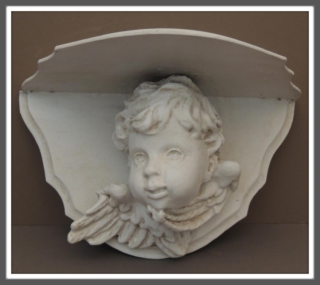 Italian White Wall Shelf With Cherub, Carved Cherub Angel Wood Hanging ...