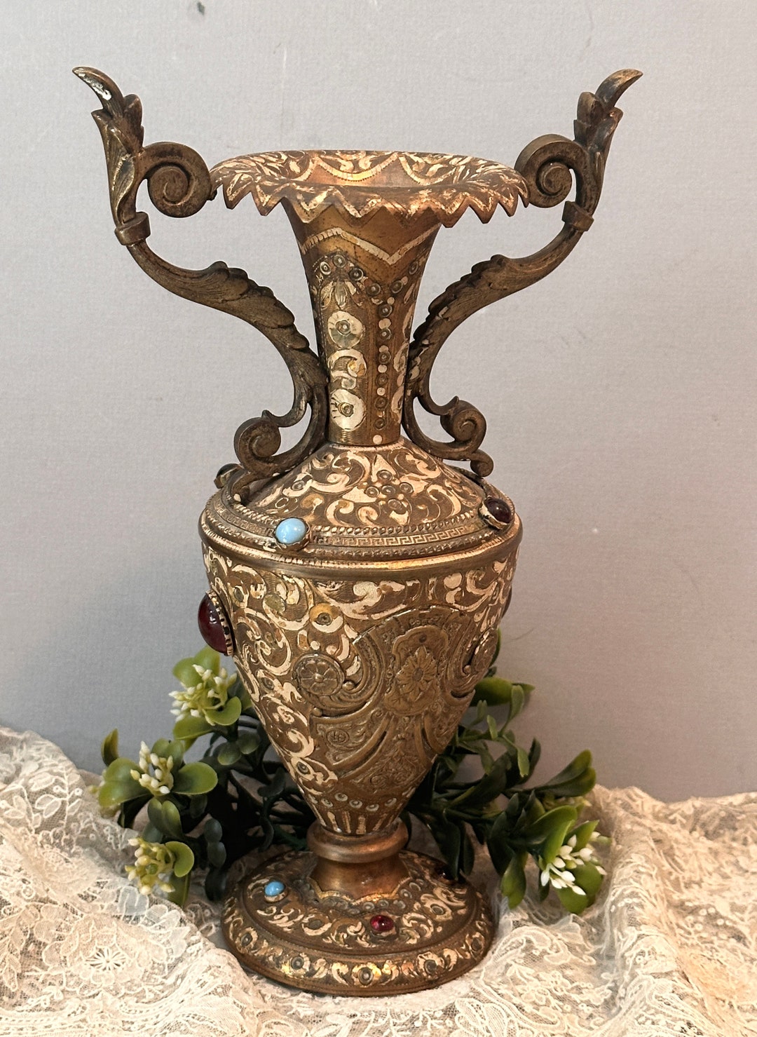 Antique Etched Brass Vase With Jewels, Ornate Etched Jeweled Brass Vase ...