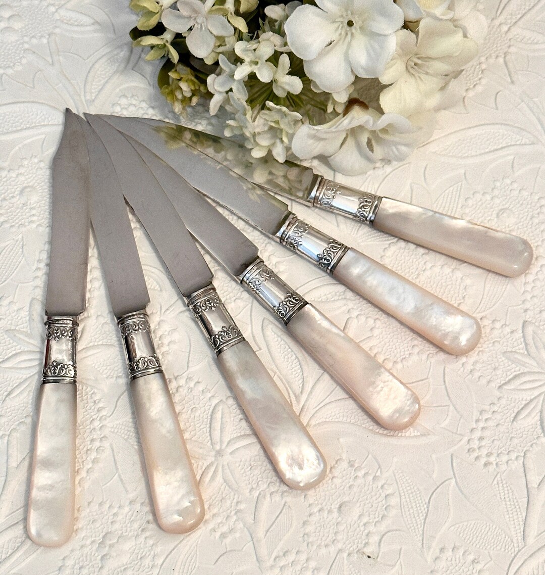 6 Shreve and Co Sterling MOP Fruit Knives, Antique Mother of Pearl ...