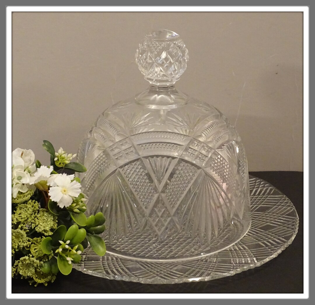 Vintage Covered Cheese Dish, Pressed Glass Cheese Plate, Domed Covered ...