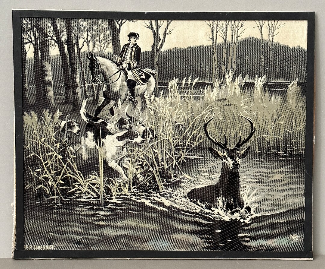 Paul Travernier Hunting Scene With Buck, Black and White Silk Tapestry ...