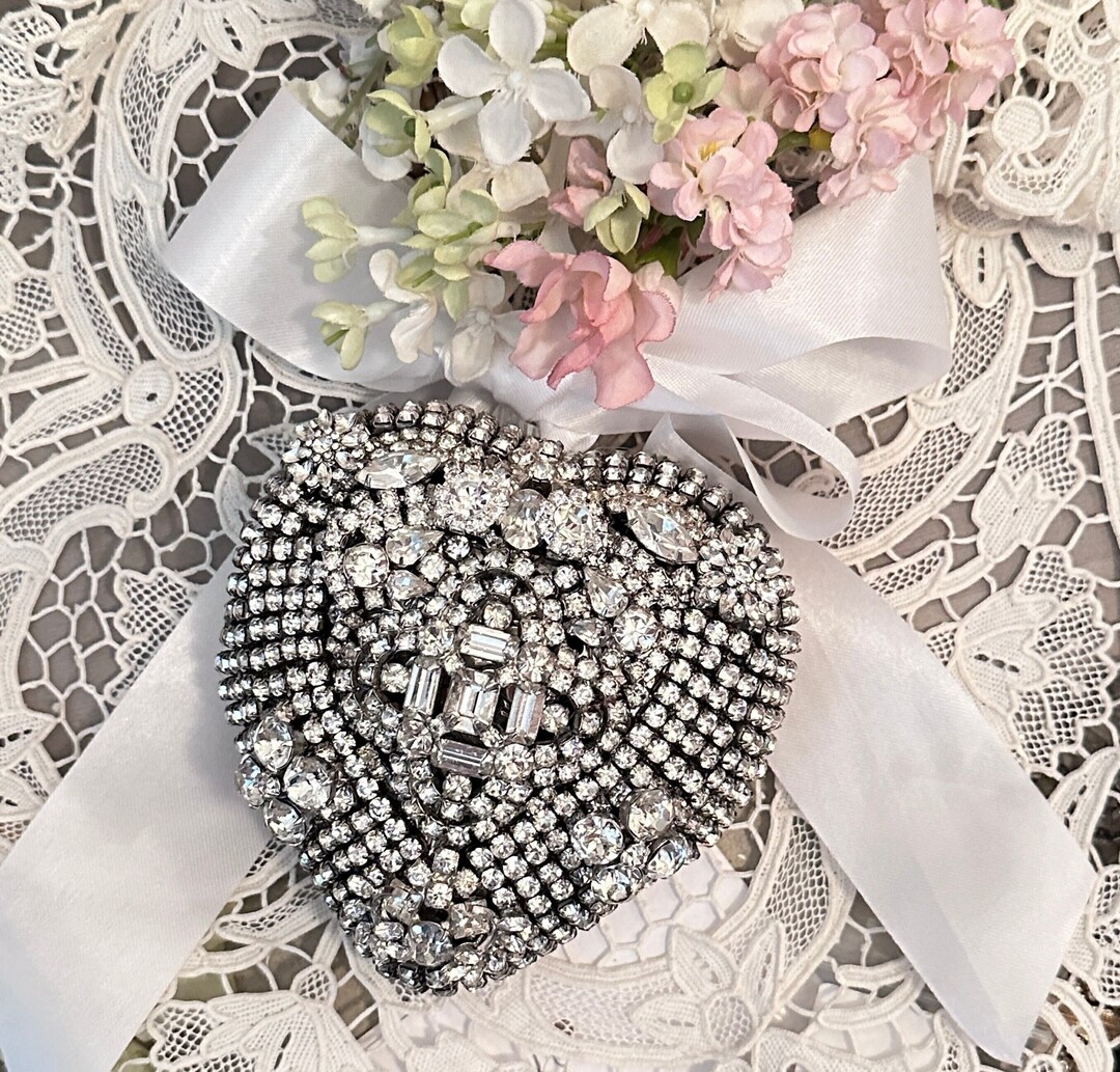 Silver Heart Box With Rhinestones, Rhinestone Heart Jewelry Box, Heart ...