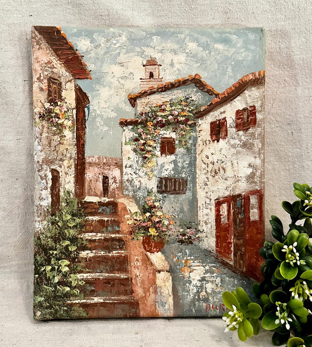 Vintage Unframed Rustic French Cityscape Oil Painting: Old Buildings ...