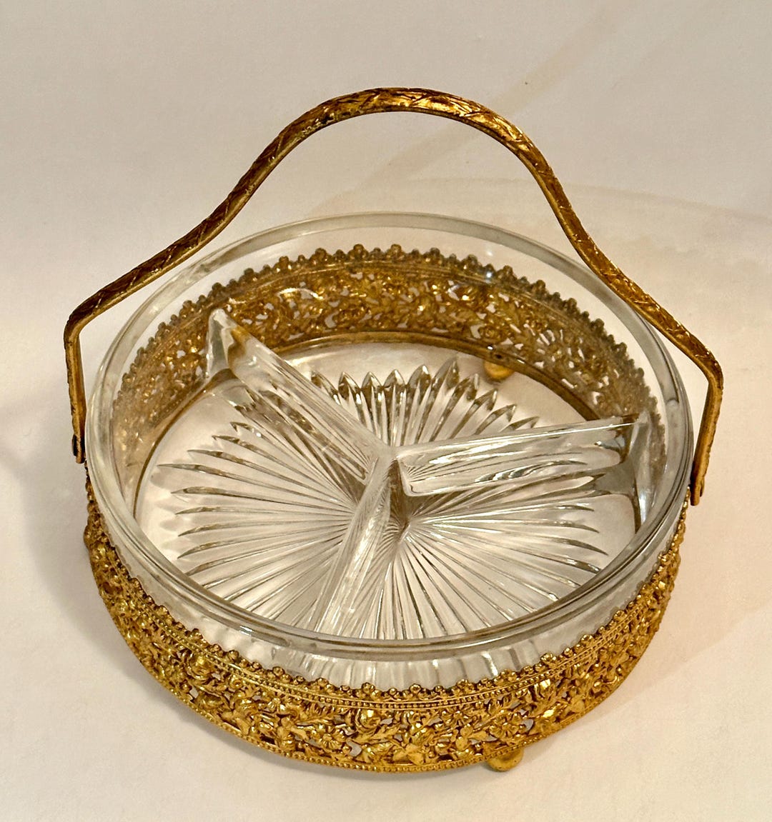 Vintage 3 Section Glass Condiment Server, Glass and Brass Condiment ...