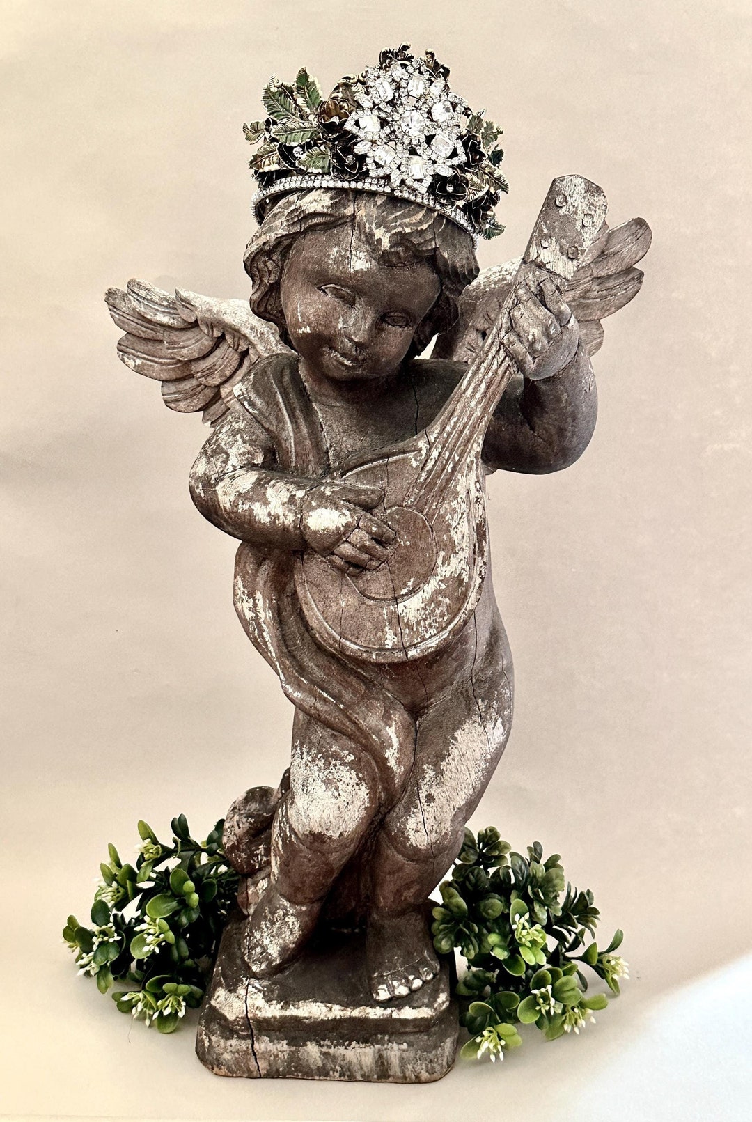 Antique Carved Wood Cherub Statue With Crown, Distressed Wood Cherub ...