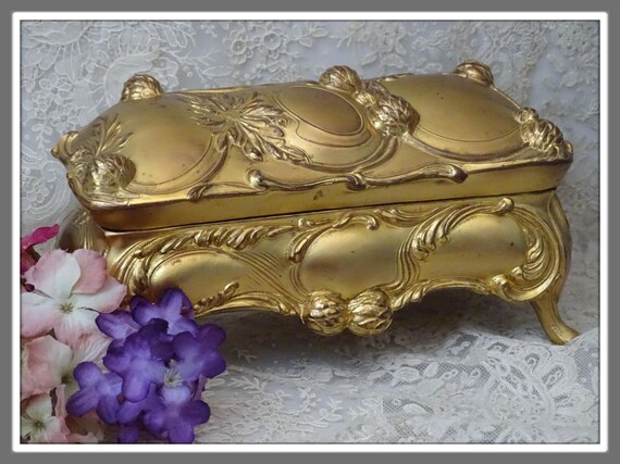 Jewelry Casket, Gold Metal Jewelry Casket with Flower… - Gem